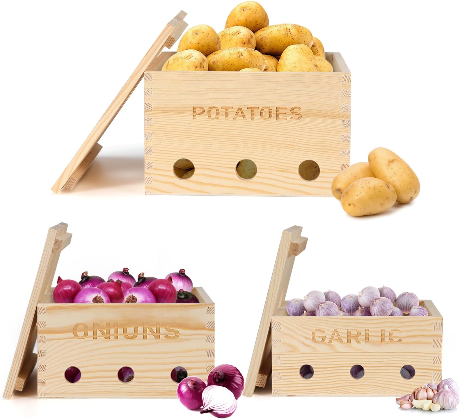 Amazon.com: Set of 3 Potato and Onion Storage Bin, Wood Potato Storage ...