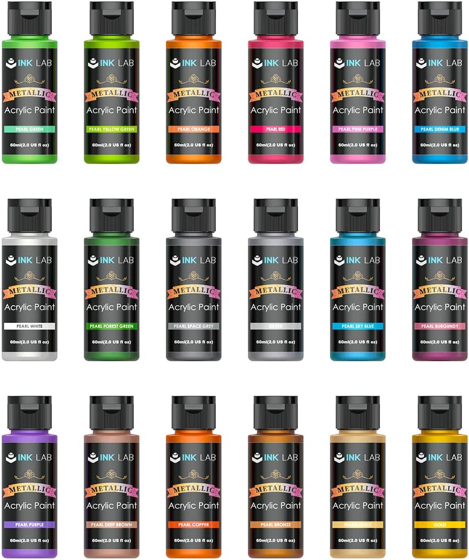 INK LAB Metallic Acrylic Paint Set 18 Colors Non Toxic Metallic Paints ...
