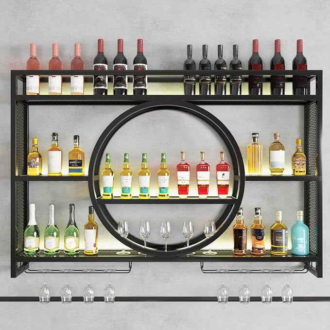 Metal Wine Rack Wall Mounted, Hanging Metal Round Wine Rack Cabinet ...