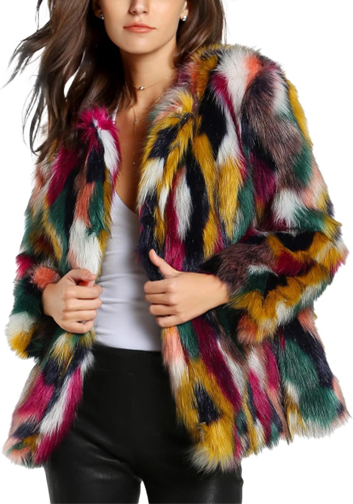 Women's Winter Multicolor Faux Fur Coat Long Sleeve Open Front Luxury ...