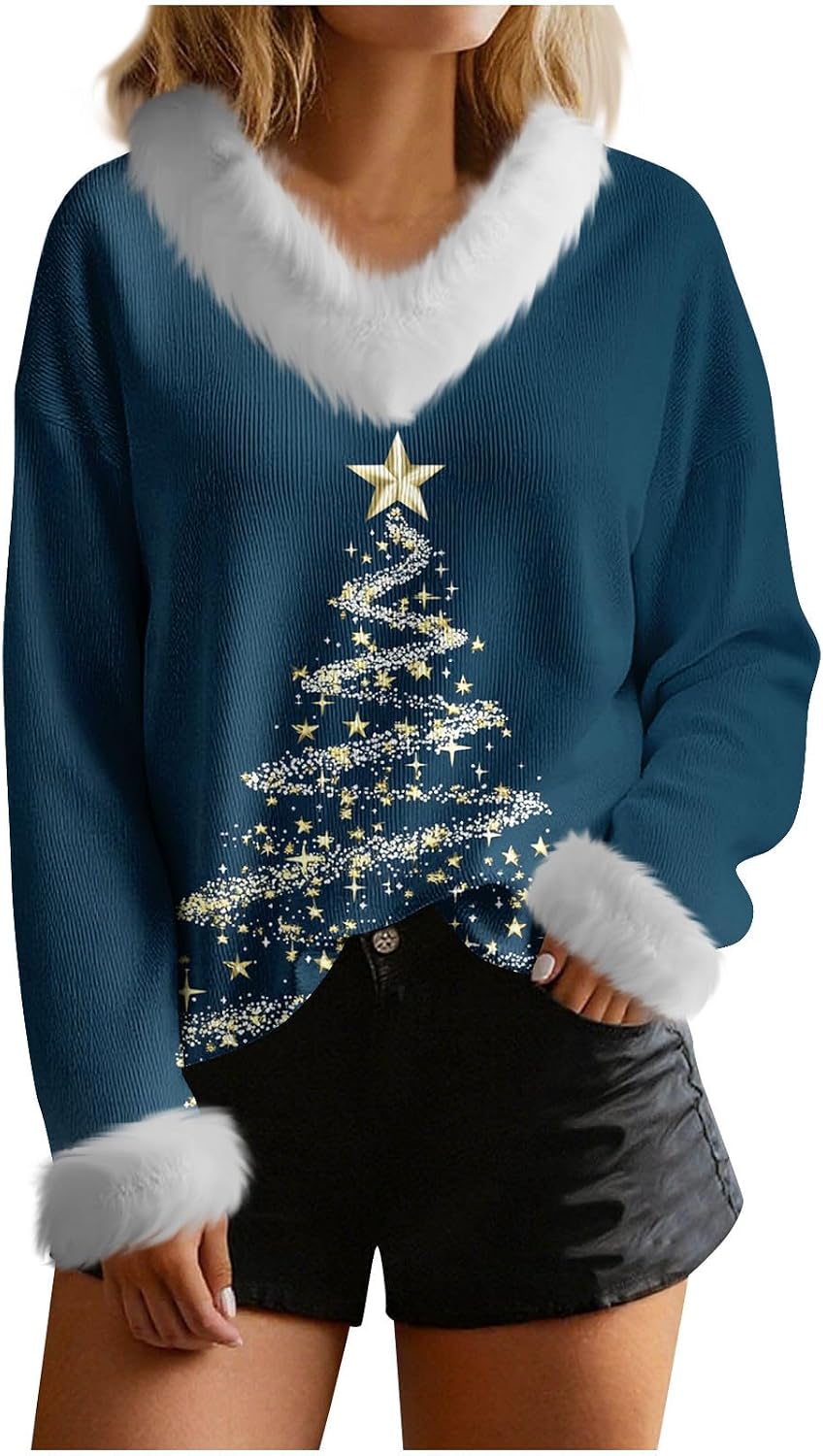 Amazon.com: Women’s Christmas Tree Print Sweater V Neck Fuzzy Faux Fur ...
