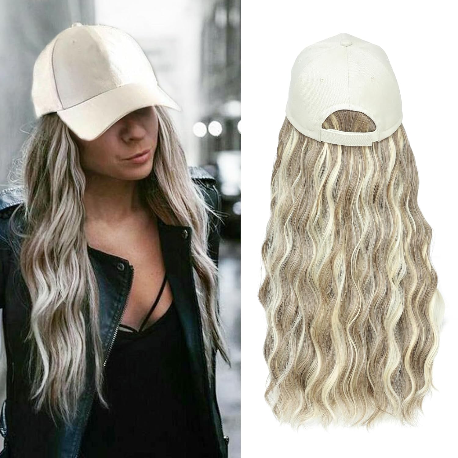 Amazon.com : Yunkang Hat Wig Baseball Cap With Long Wavy Hair ...