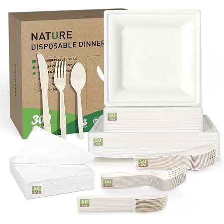 Amazon.com: BIRCHIO 250 Piece Biodegradable Paper Plates Set (EXTRA ...