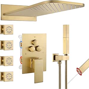 VANFOXLE Shower Faucet Set Brushed Gold Shower System,Push Button Diverter Shower Faucet with 2 ...