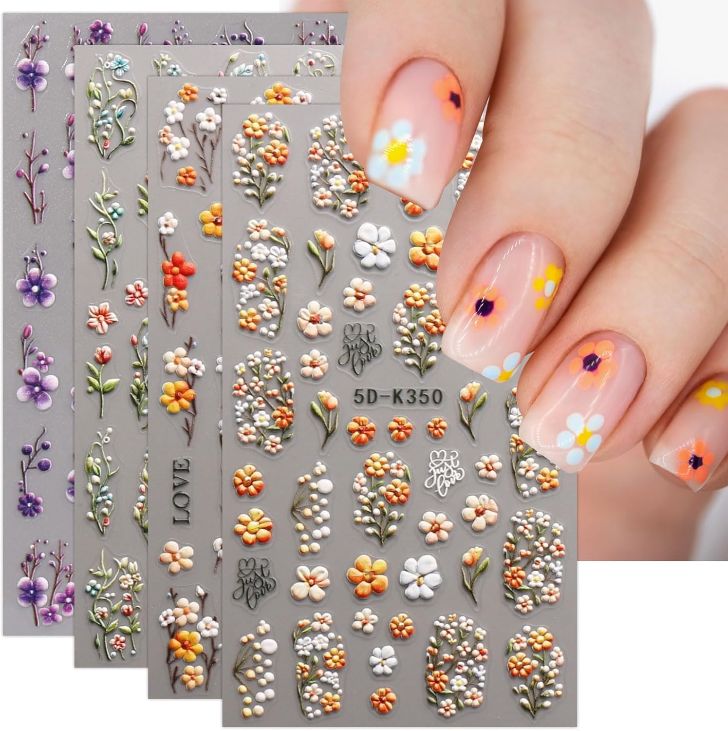Amazon.com: JMEOWIO 3D Embossed Flower Nail Art Stickers Decals Self ...