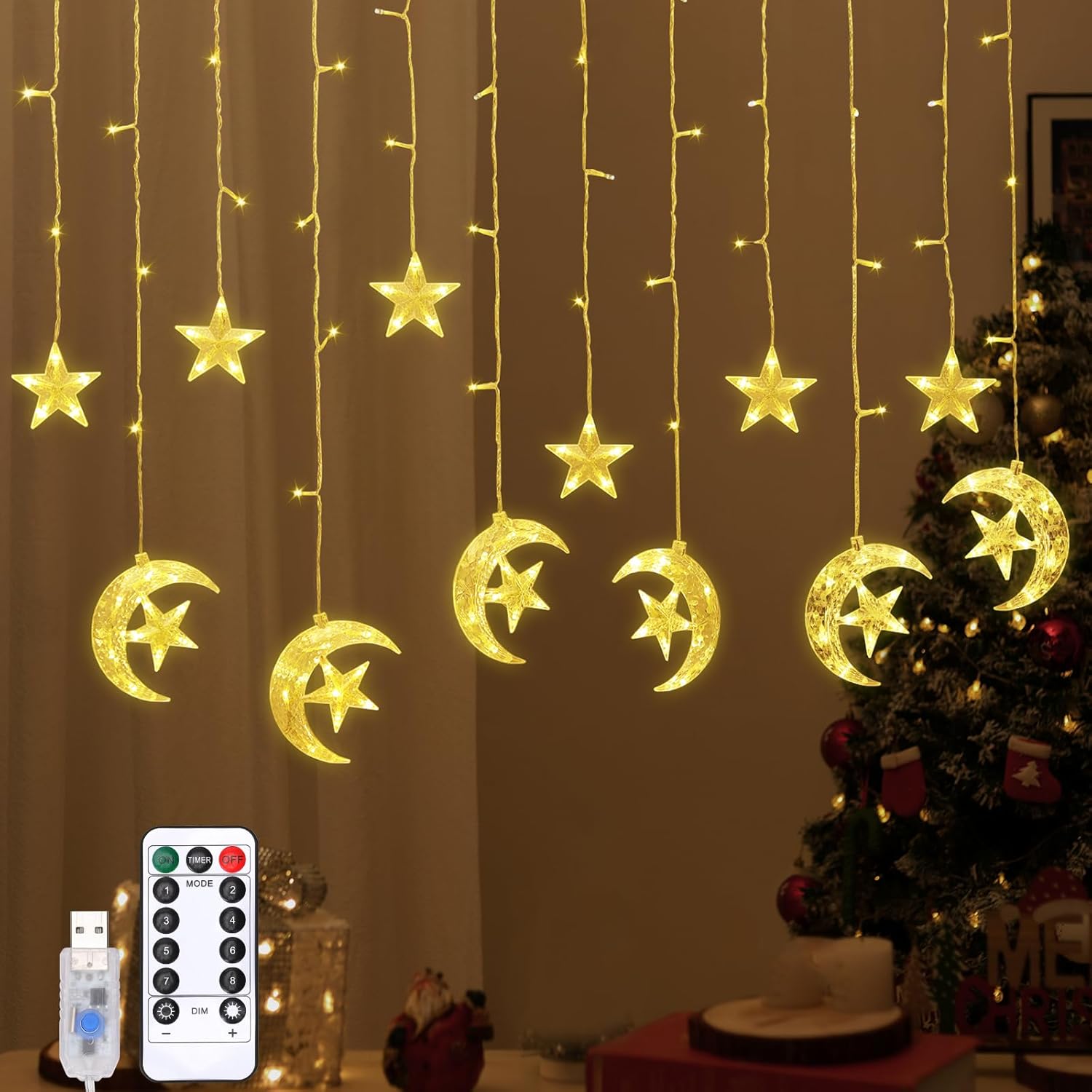 Amazon.com: Lewondr 138 LED Star Moon String Curtain Lights,Hanging ...