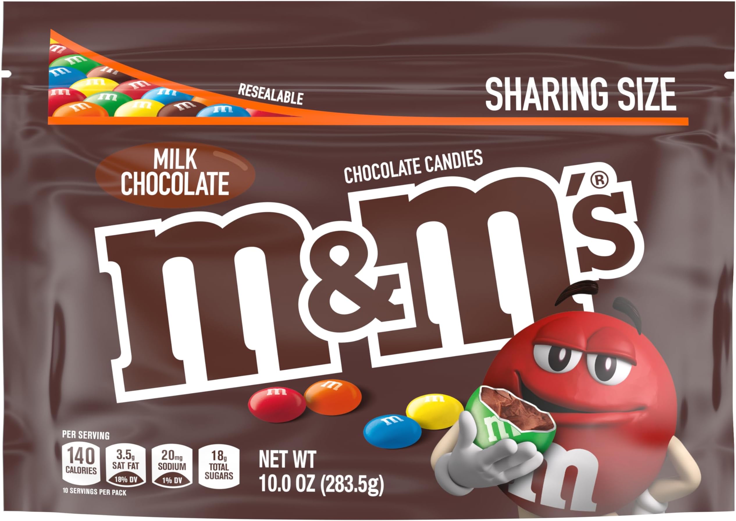 Amazon.com : M&M'S Milk Chocolate Candy, Sharing Size, 10 oz Resealable ...