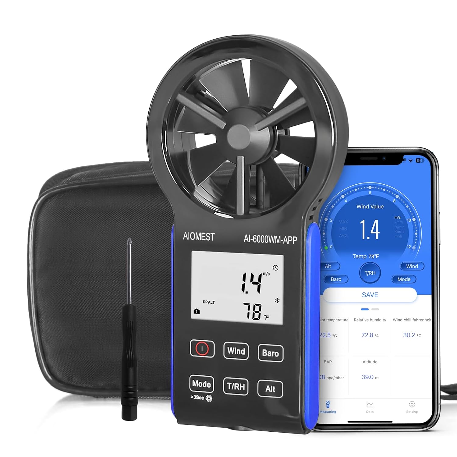 Amazon.com : AIOMEST Anemometer Bluetooth, Handheld Wind Speed Gauge ...