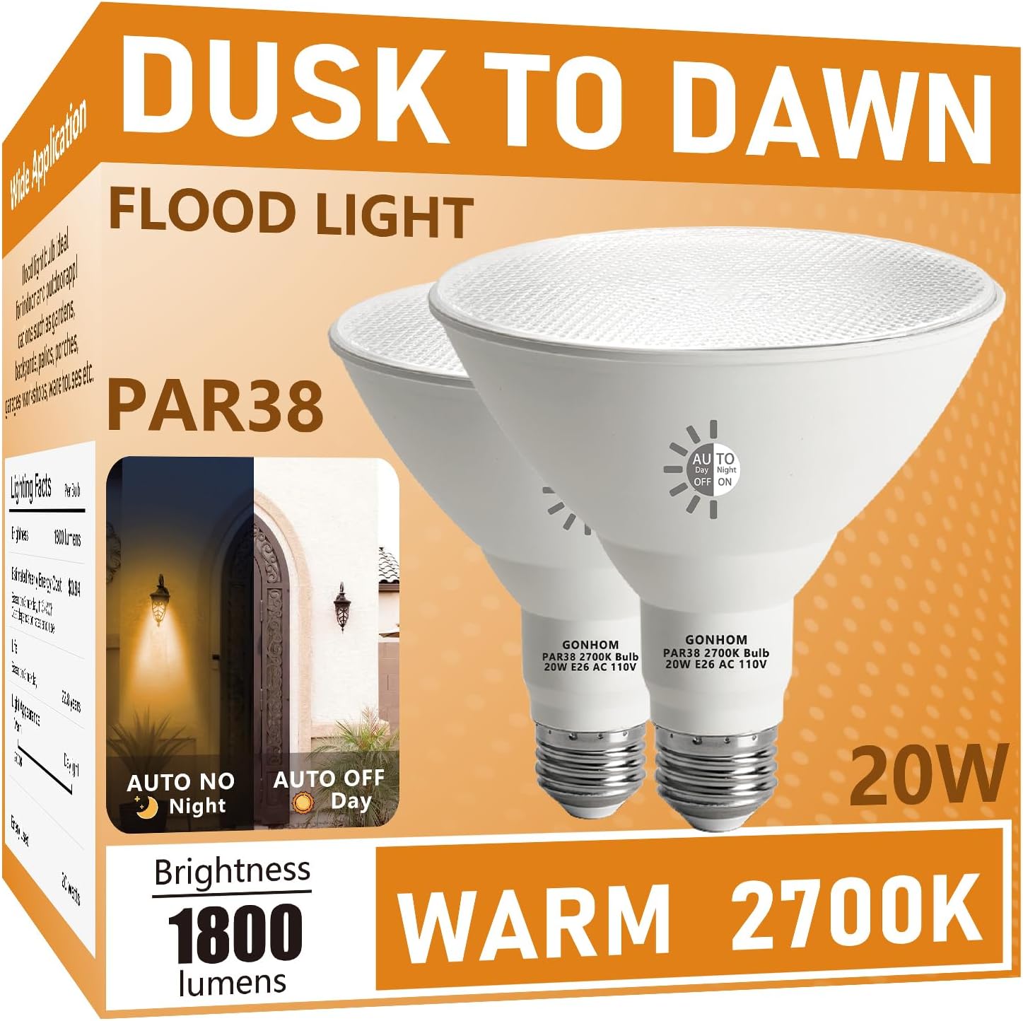 Gonhom Par38 LED Dusk to Dawn Flood Light Bulbs Outdoor,20W Replace up ...