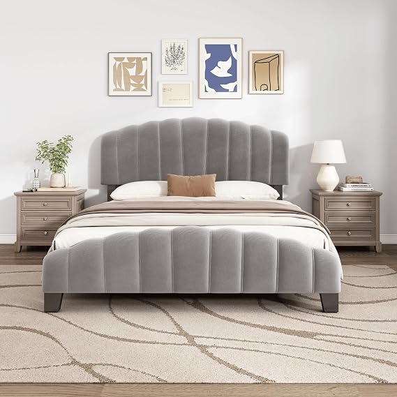Amazon.com: Elegant Gray Velvet Upholstered Bed Frame with Scalloped ...
