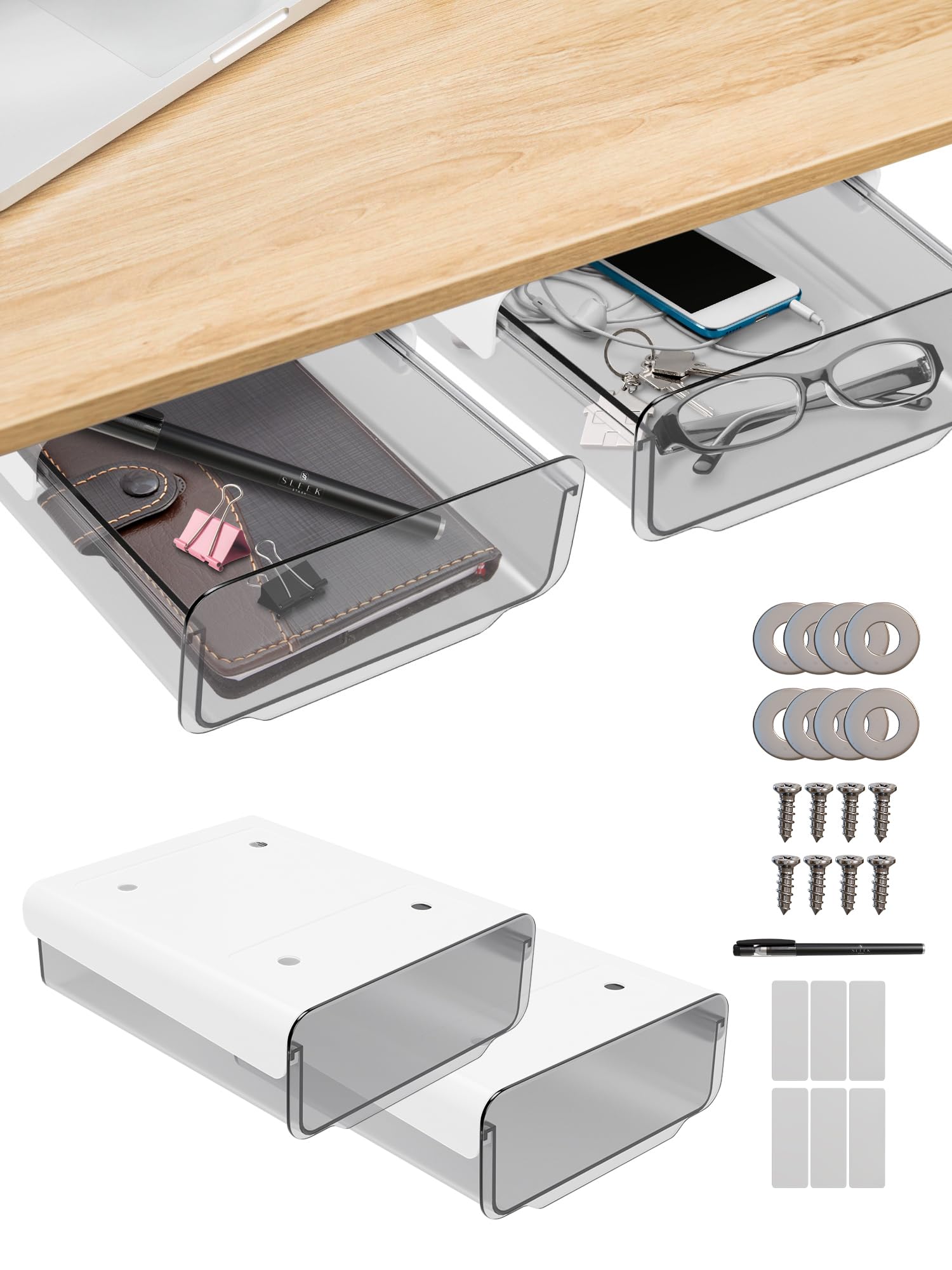 Amazon.com: Sleek Stash 2 Pack Under Desk Drawer Organizer, Slide Out ...