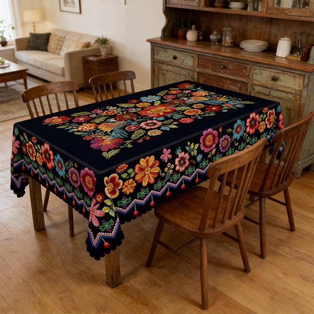Amazon.com: Mexican Folk Art Floral Tablecloth,Navy Blue with Colorful ...