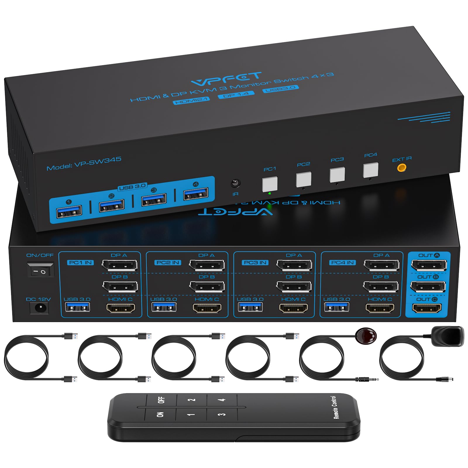 8K HDMI + 2 Displayport KVM Switch 3 Monitors 4 Computers 4K144Hz USB 3 ...