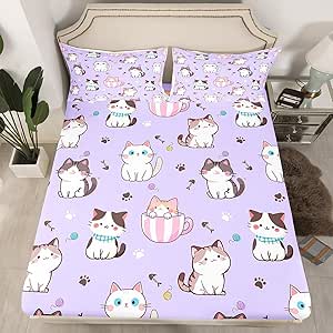 Amazon.com: Feelyou Cat Fitted Sheet for Kids Boys Girls Cats Print ...