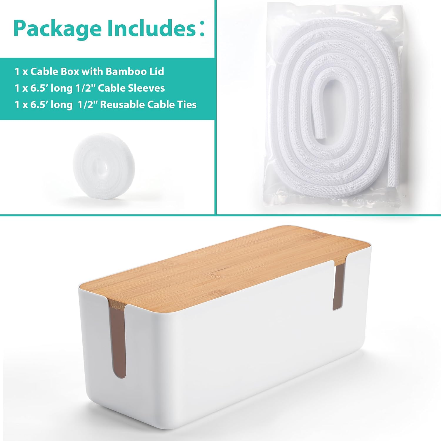 Caja de organización de cables con tapa de bambú, caja de cable blanco ...