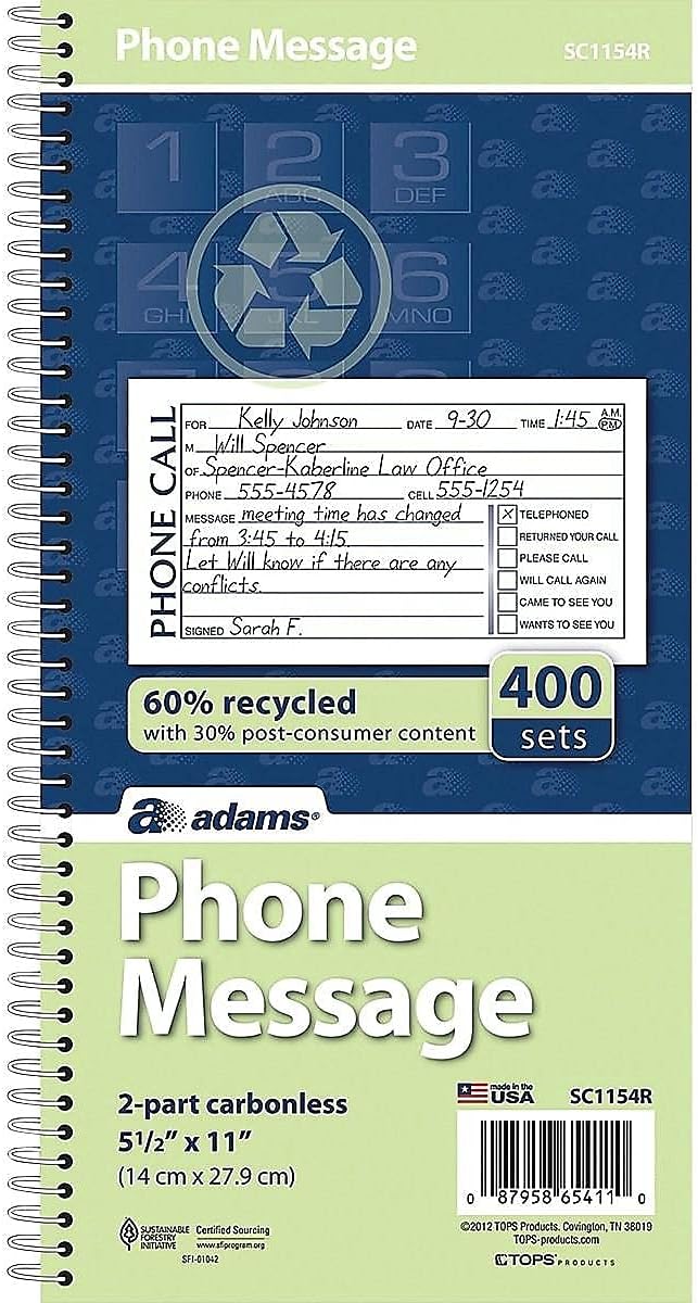Amazon.com : Adams Phone Message Book, 8.5 x 5.25 Inch, Spiral Bound, 2 ...