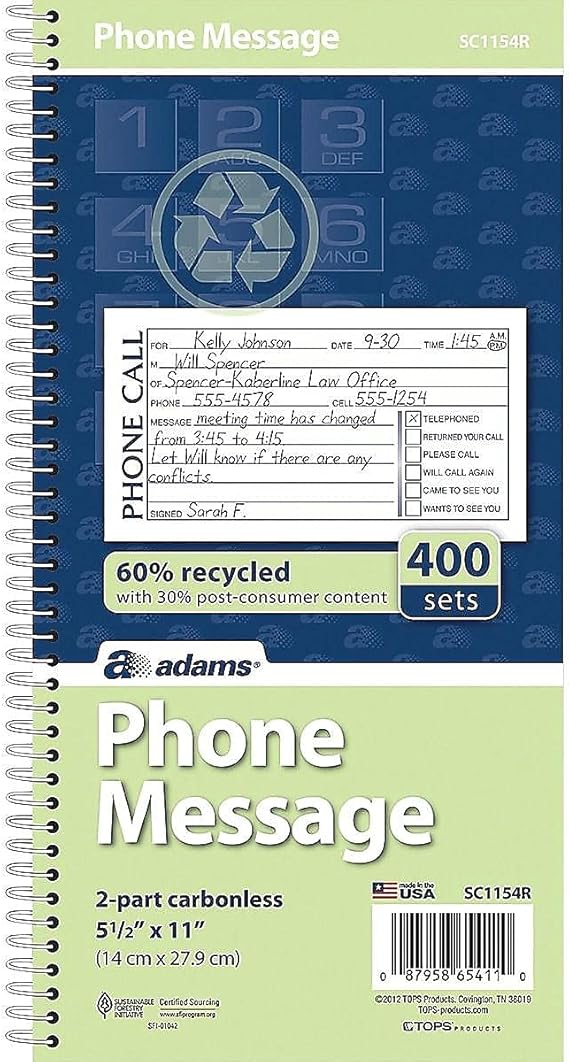Adams Recycled Phone Message Book, 2-Part Carbonless, 4 Messages per ...