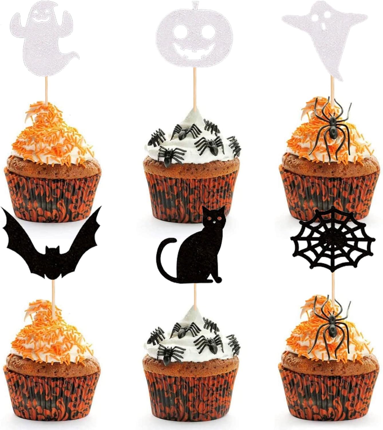 Amazon.com: UXYOKM 24Pcs Halloween Cupcake Toppers Pumpkin Ghost Bats ...