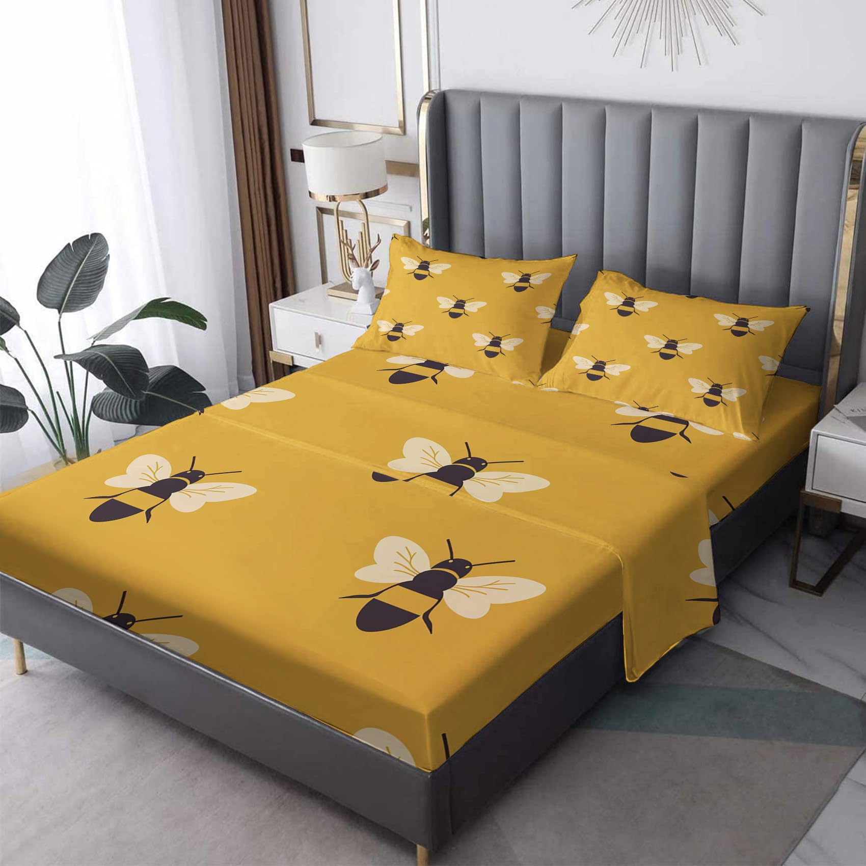Amazon.com: NOGAWA Bee Sheets Twin XL Size, Insect Yellow Bed Sheets ...