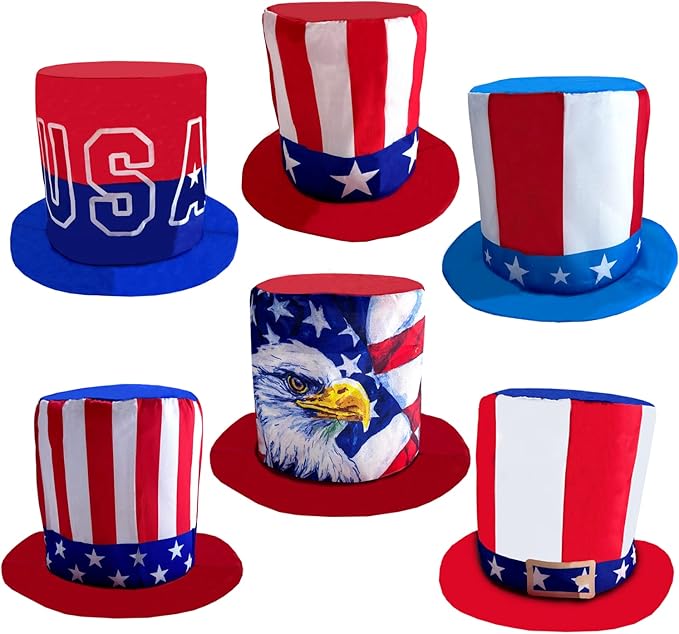 Amazon.com: POPCIEL 6 Pack 4th of July Hat American Flag Top Hats ...