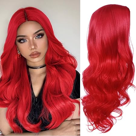 Amazon.com : Swiking Red Long Wigs for Women Curly Wave Middle Part Wig ...