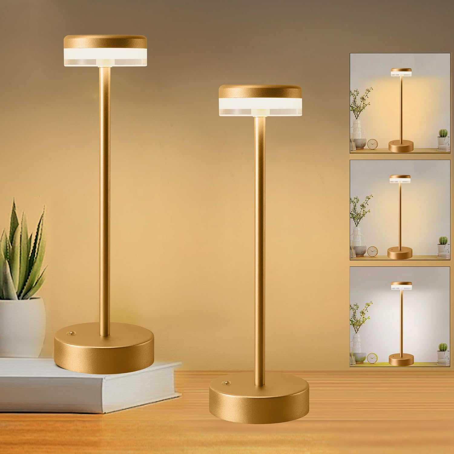 2 Pack Cordless Table Lamp Rechargeable, Gold LED Battery Operated ...