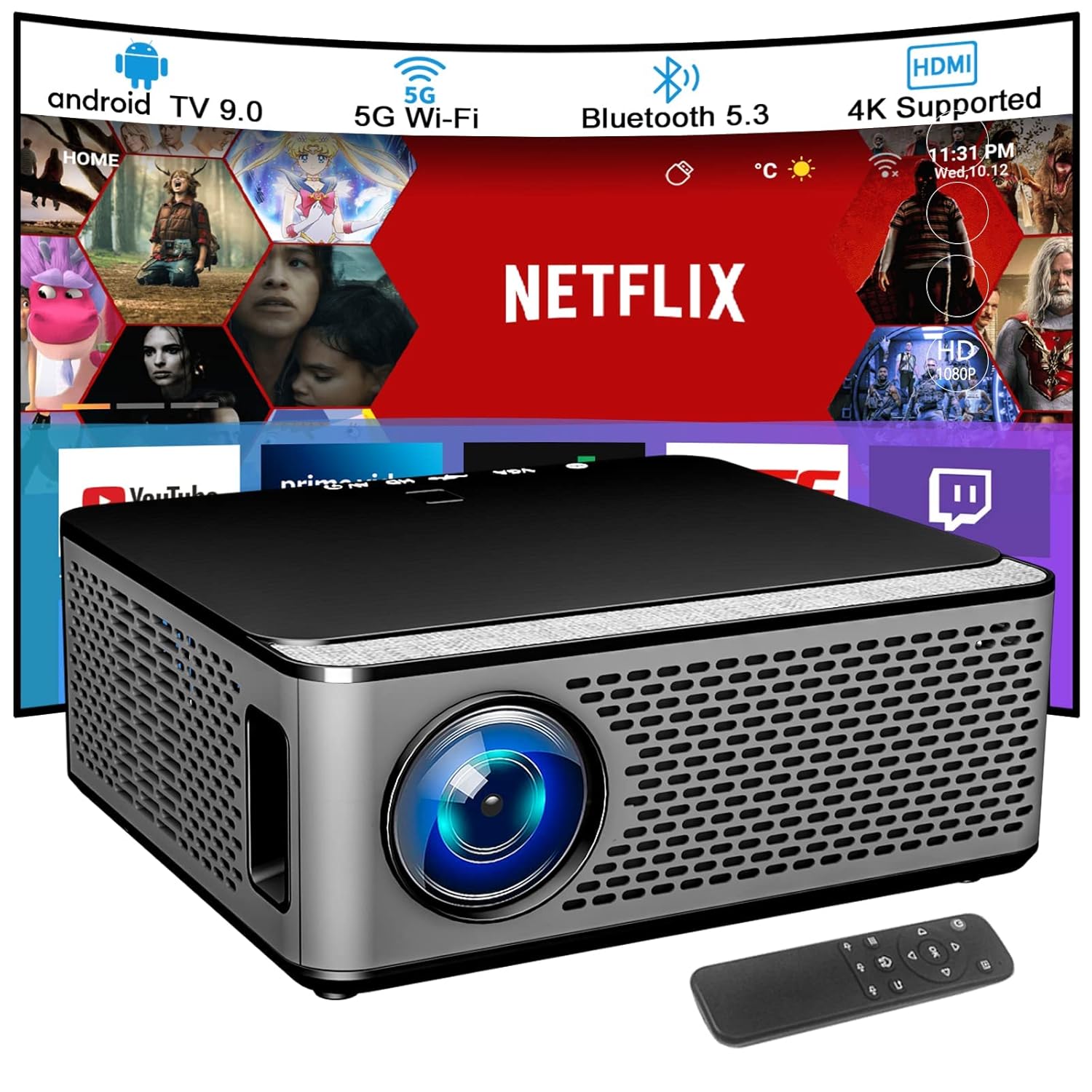【Netflix support】Smart TV Projector for bedroom with WiFi and Bluetooth ...