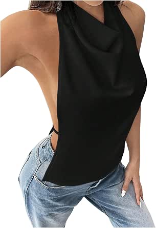 MakeMeChic Women's Halter Tops Open Back Sleeveless Satin Dinner Tops ...