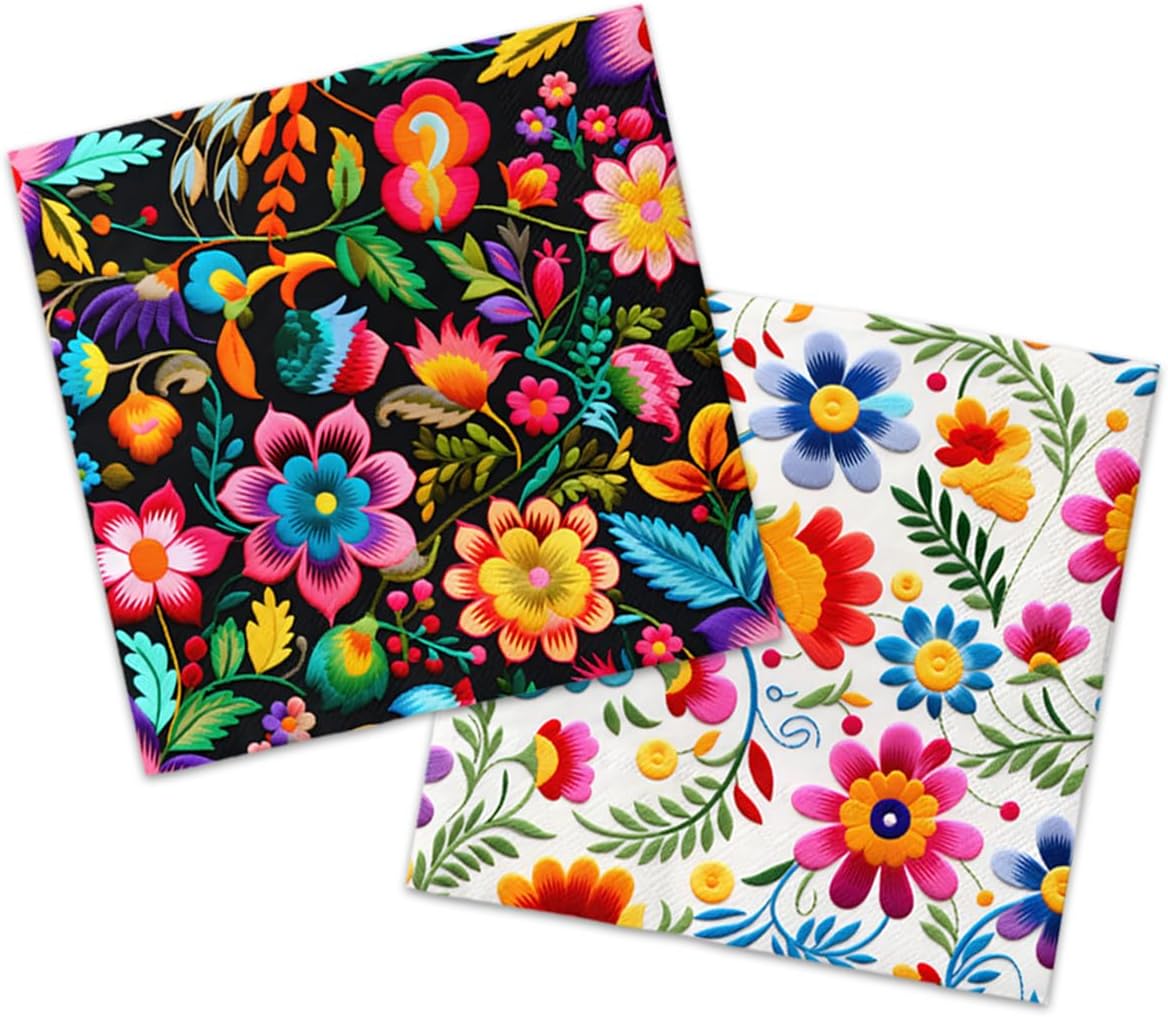 Amazon.com: 40Pcs Fiesta Napkins-Mexican Colorful Flower Disposable ...