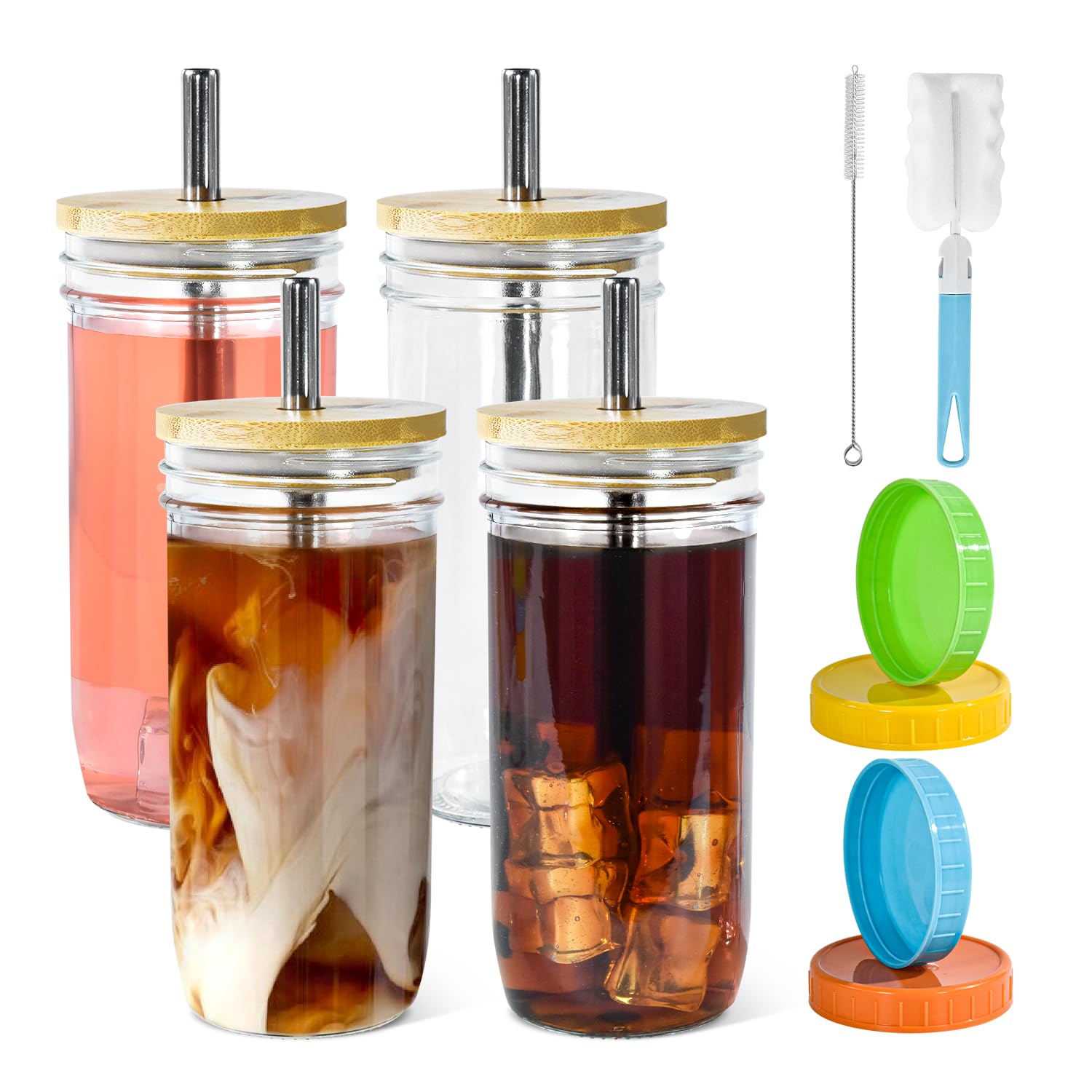 Snapklik.com : CHLJAR 4 Pack Glass Cups Set, 24oz Mason Jar Wide Mouth ...