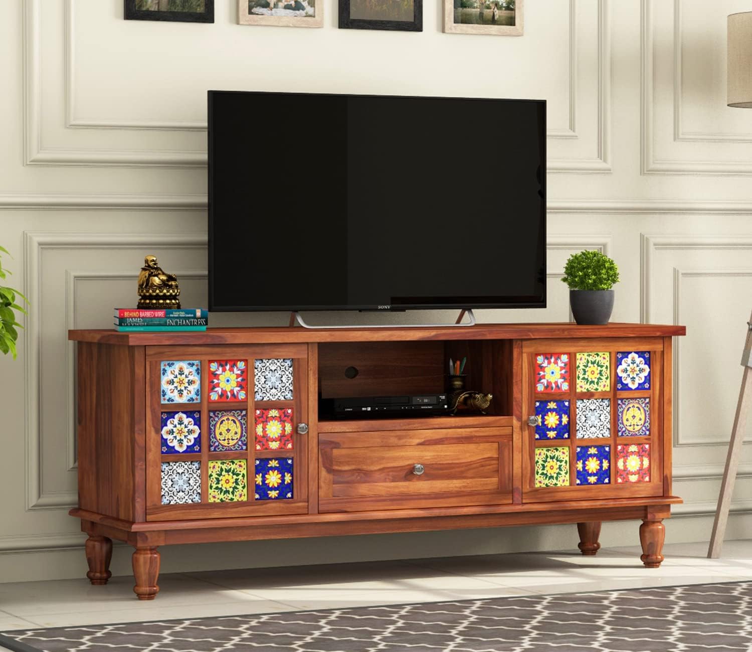 REKHA ART AND CRAFT Solid Sheesham Wood TV Cabinate with 2 Drower 2 ...