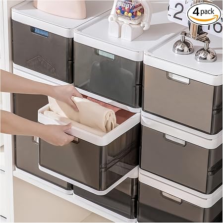 Lot de 4 boîtes de rangement empilables et pliables en plastique ...
