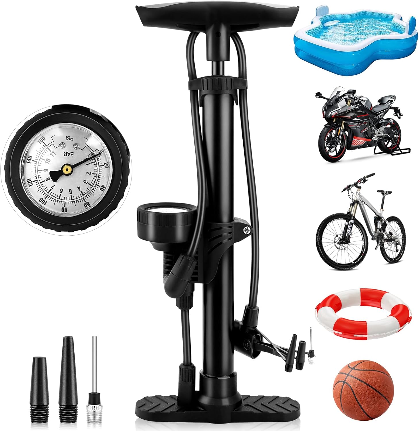 Bike Pump with Pressure Gauge, Bicycle Floor Pump Portable Bike Tyre ...
