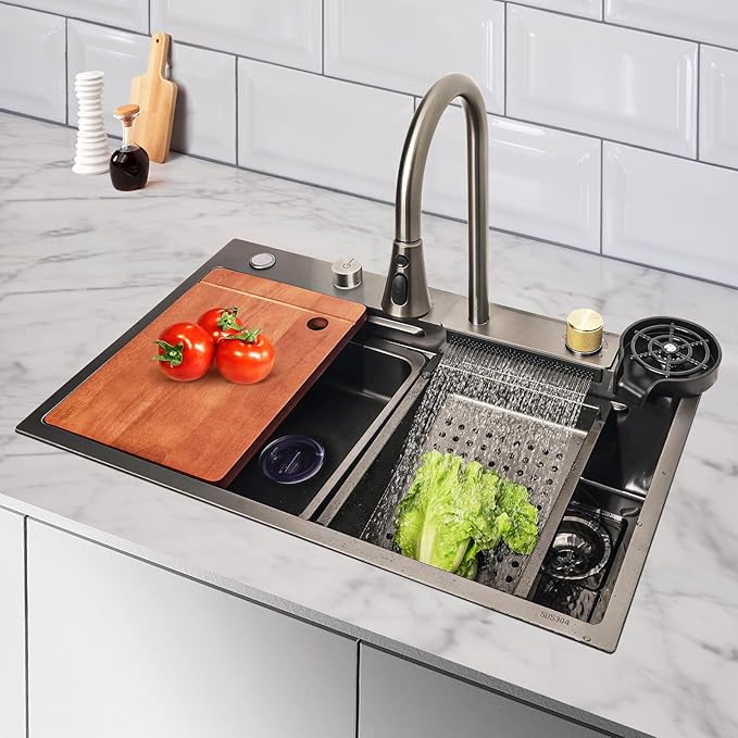 Pehohe Kitchen Sinks Waterfall Kitchen Sink Set 304 Stainless Steel ...