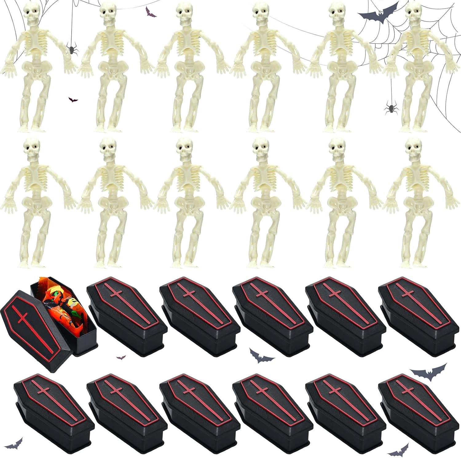 Amazon.com: VioraWhite 48 Pcs Halloween Mini Skeletons & Mini Coffin ...