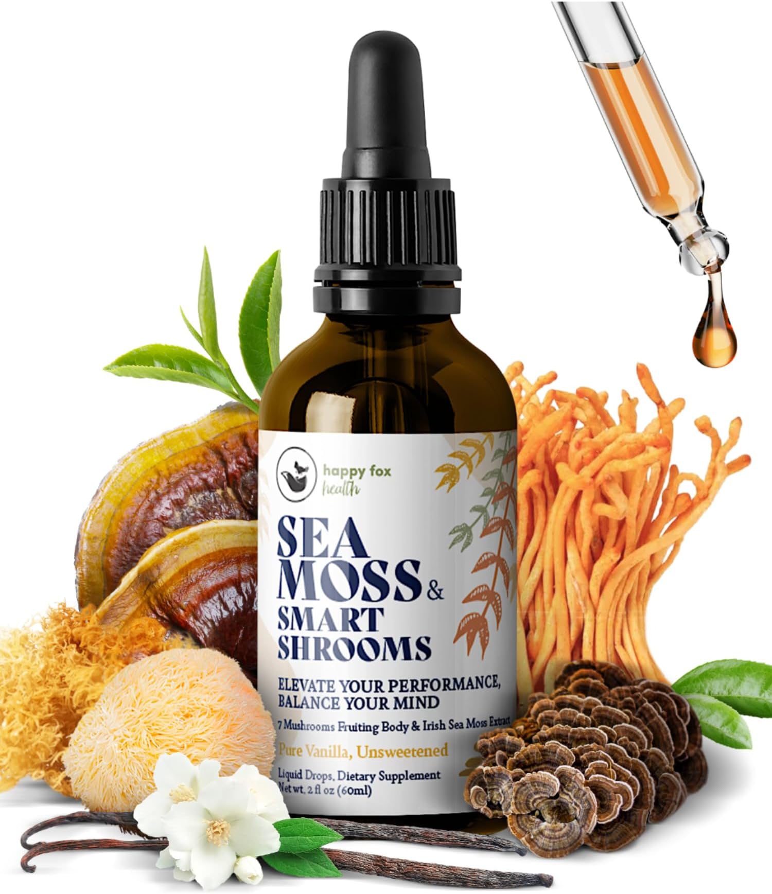 Amazon.com: HAPPY FOX Organic Irish Sea Moss Liquid Drops & Mushroom ...