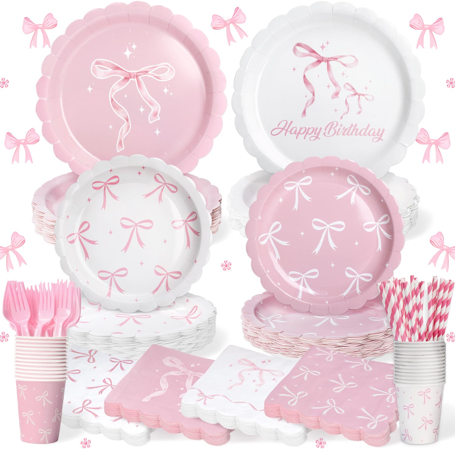 Amazon.com: 156 Pcs Pink Bow Party Plates and Napkins Cups Tableware ...