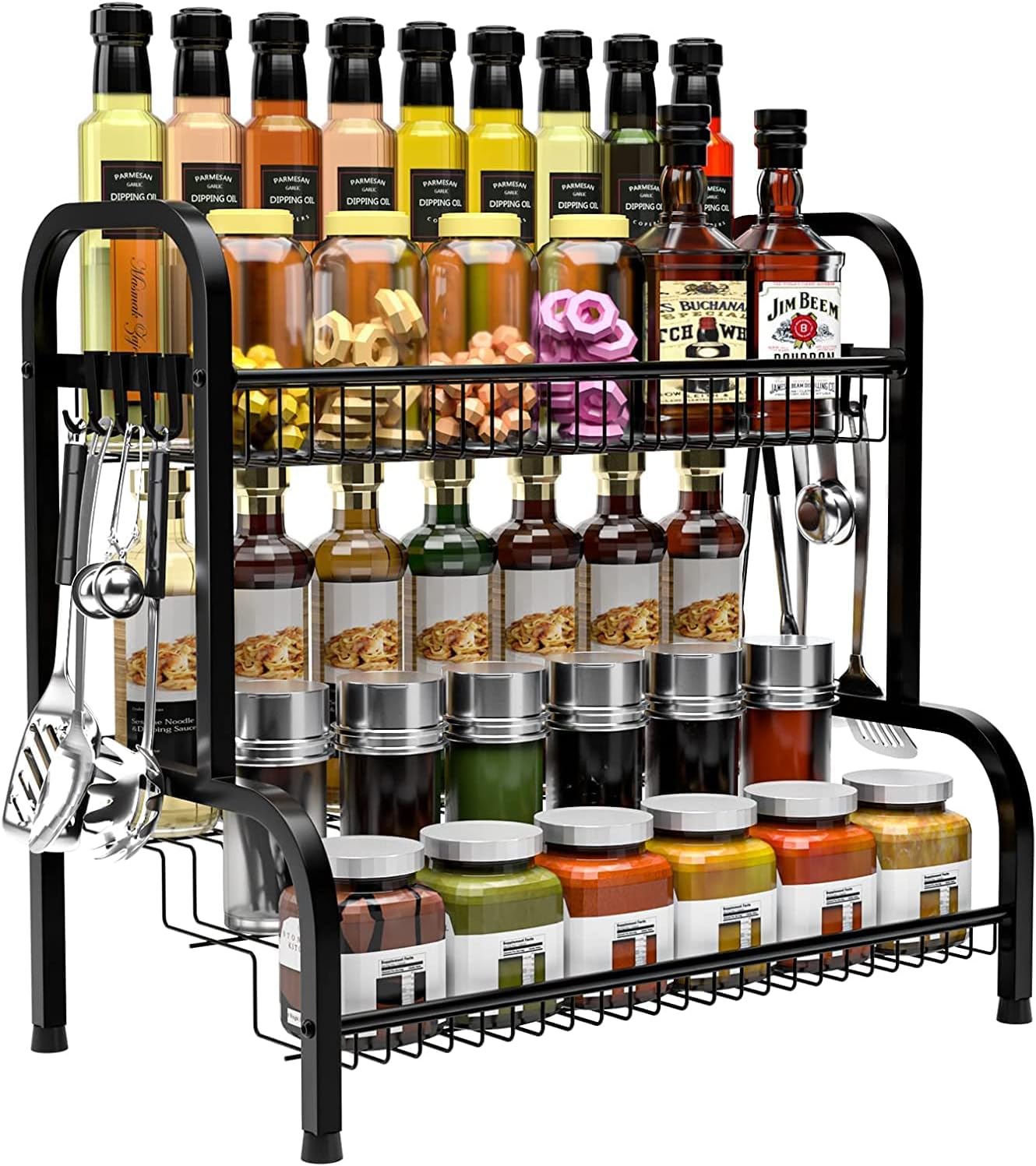 AllSpice Wooden Spice Rack, Includes 60 118ml Jars- Cherry Stain ...