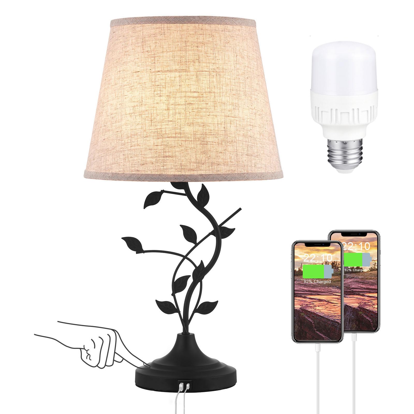 Kakanuo USB Touch Table Lamp Bedside Lamp with USB C Charging Ports for ...