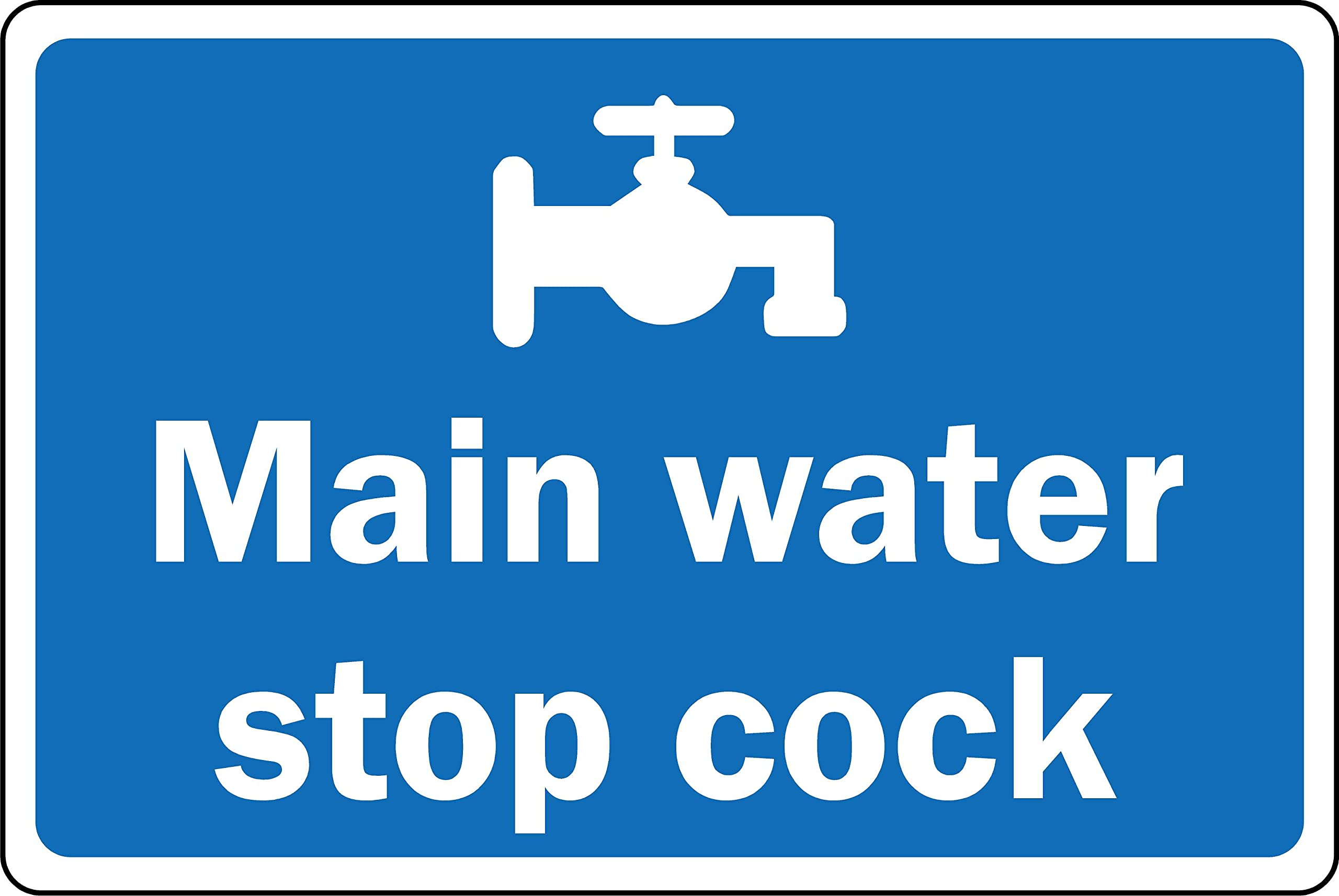 Main water stop cock Safety sign - Self adhesive sticker (150mm x 100mm ...