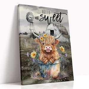 Amazon.com: Farmhouse Highland Cow Bathroom Wall Art Cute Cattle in ...