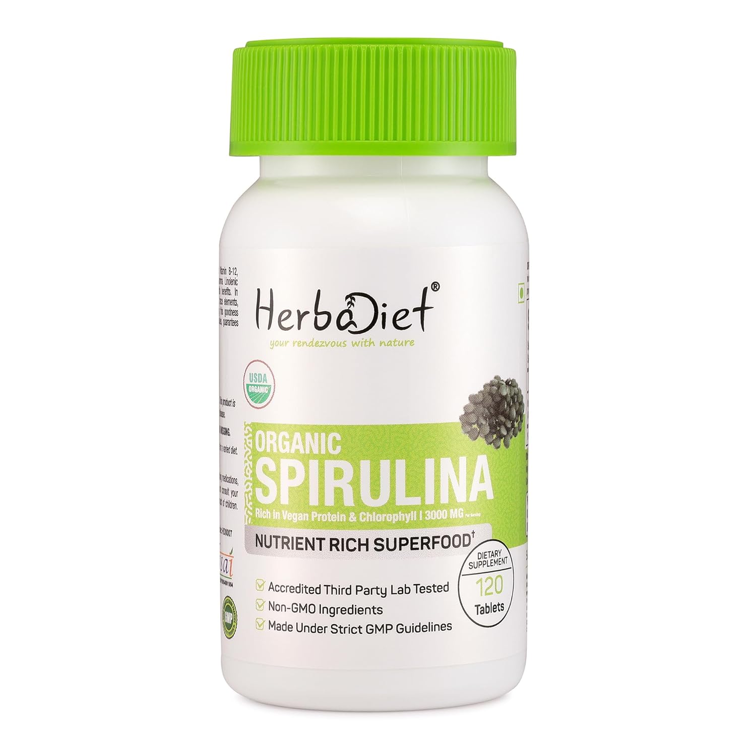 Herbadiet Usda Organic Spirulina Powder 120 Tablets| Rich Source Of ...