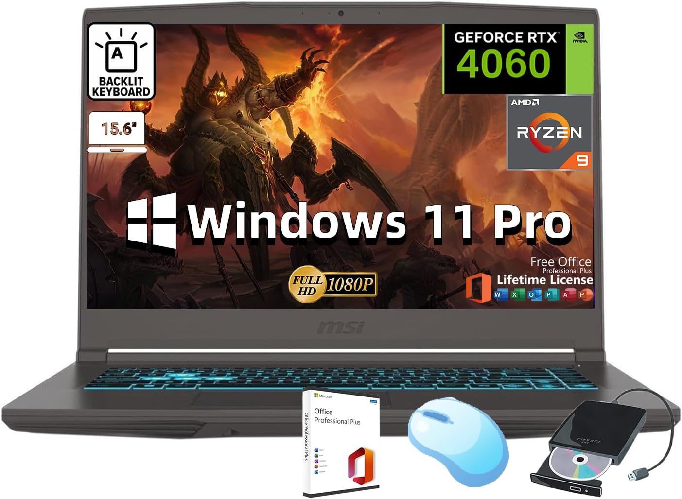 Amazon.com: MSI Thin 15 Gaming Laptop - w/Office Lifetime & External DVD Drive, GeForce RTX 4060 ...