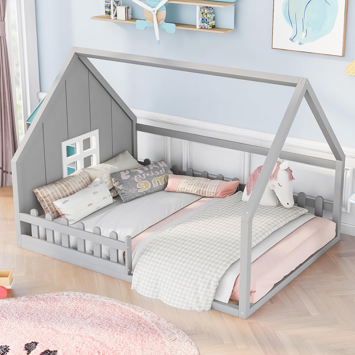 Amazon.com: TMEOSK Full Size Wooden House Bed Frames with Roof & Window ...