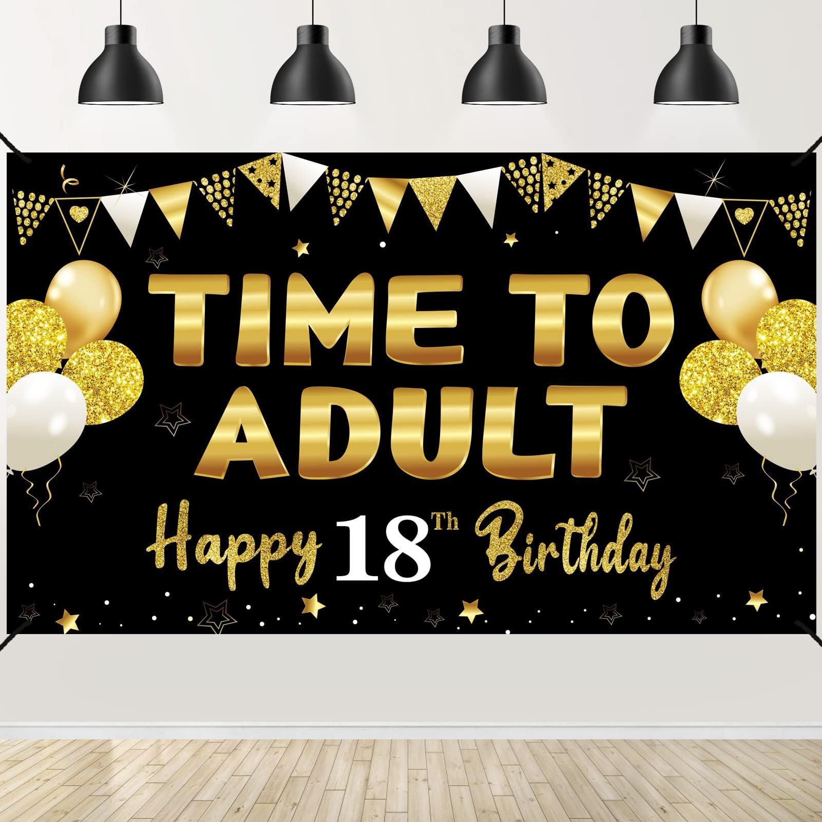 Amazon.com: Large 18th Birthday Banner Decorations, Black Gold Time To ...