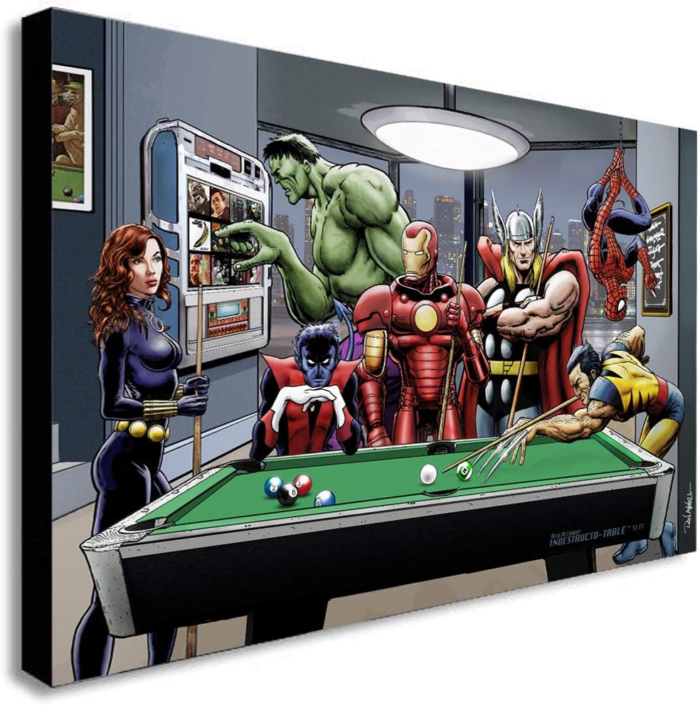 Marvel Superheroes Playing Pool - Canvas Wall Art Framed Print ...