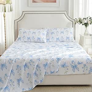 Amazon.com: CCoutueChen Blue Bow Sheet Set Full Garden Floral Fitted ...