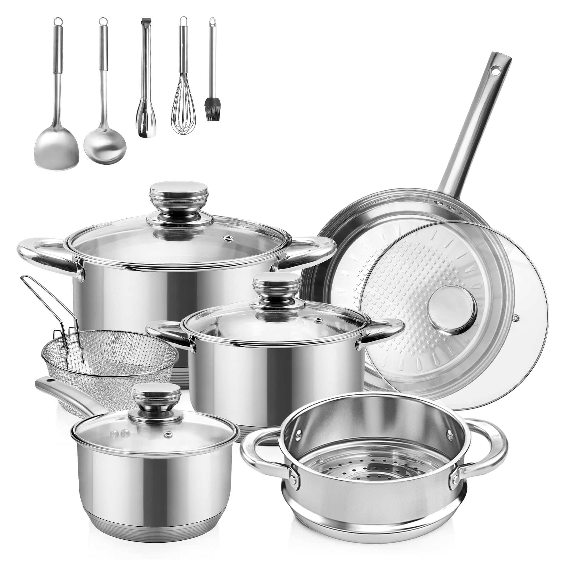 Amazon.com: 15-piece Stainless Steel Pots and Pan Set, Kitchen Cookware ...