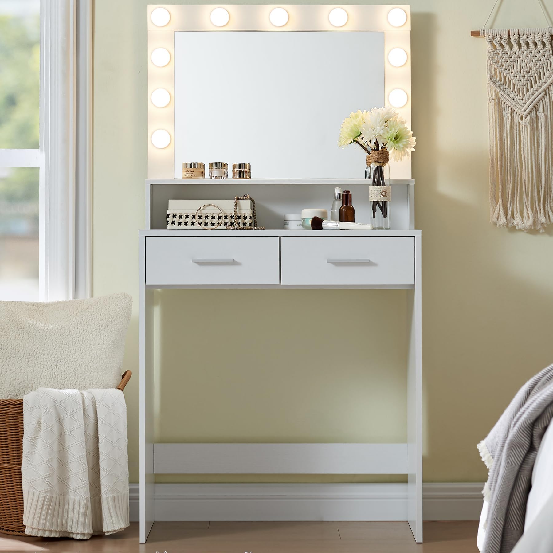 Amazon.com: pofluany Vanity Desk with Sliding Mirror and Lights, Makeup ...