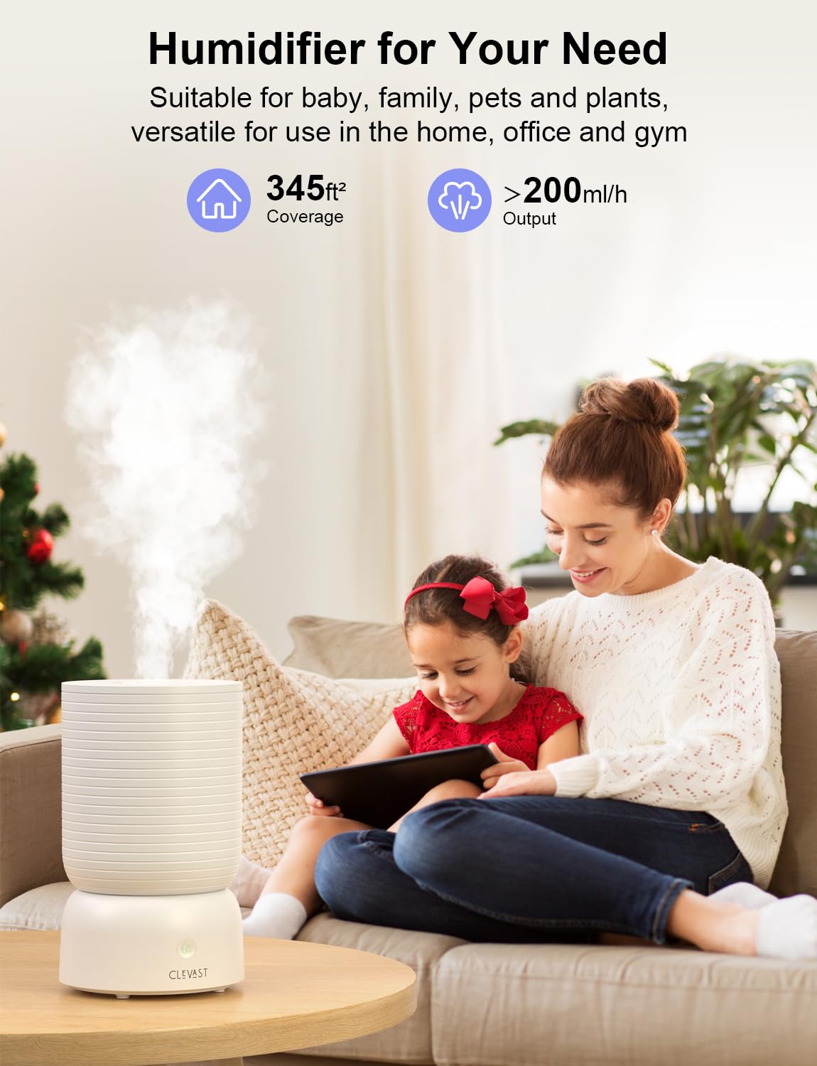 CLEVAST Smart Humidifiers for Bedroom, Top Fill 3L Cool Mist Quiet ...